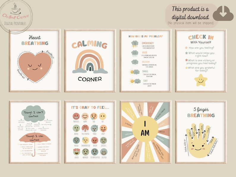 Set of 16 Soft Boho Calming Corner Posters, Coping Techniques Wall Art ...