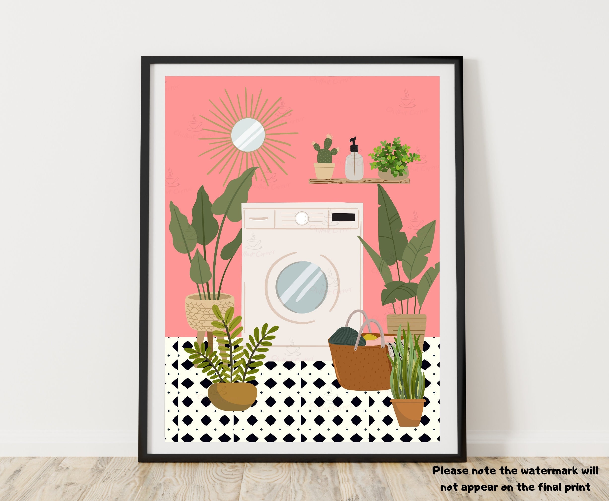 Pink Botanical Laundry Print, Boho Laundry Wall Art Tiled Floor ...