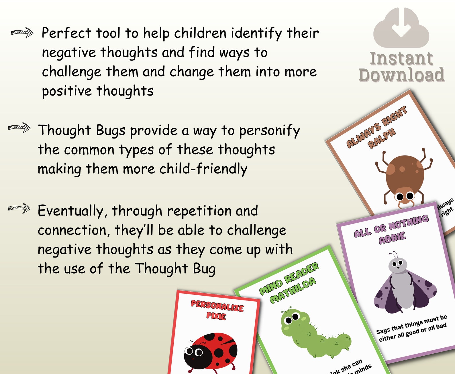 14 Thought Bug Flashcards for Kids, Automatic Negative Thoughts ...