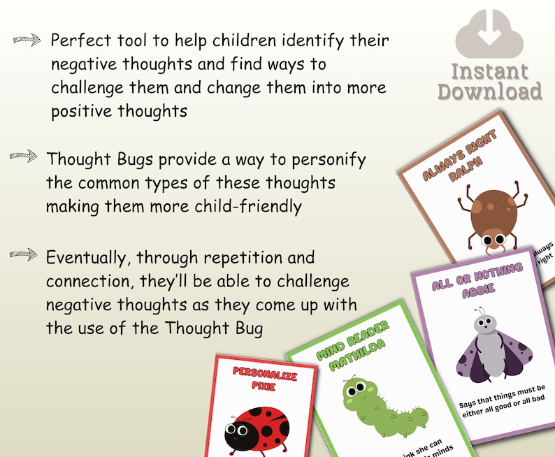 14 Thought Bug Flashcards for Kids Automatic Negative - Etsy