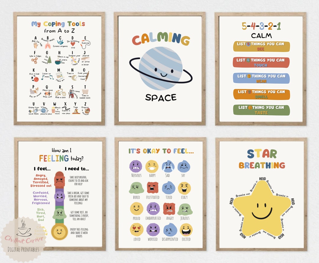 Set of 6 Calming Space Posters, Coping Techniques Wall Art for Kids ...