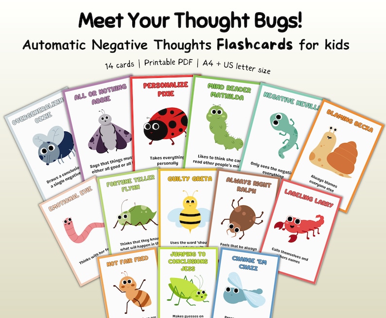 14 Thought Bug Flashcards for Kids, Automatic Negative Thoughts ...