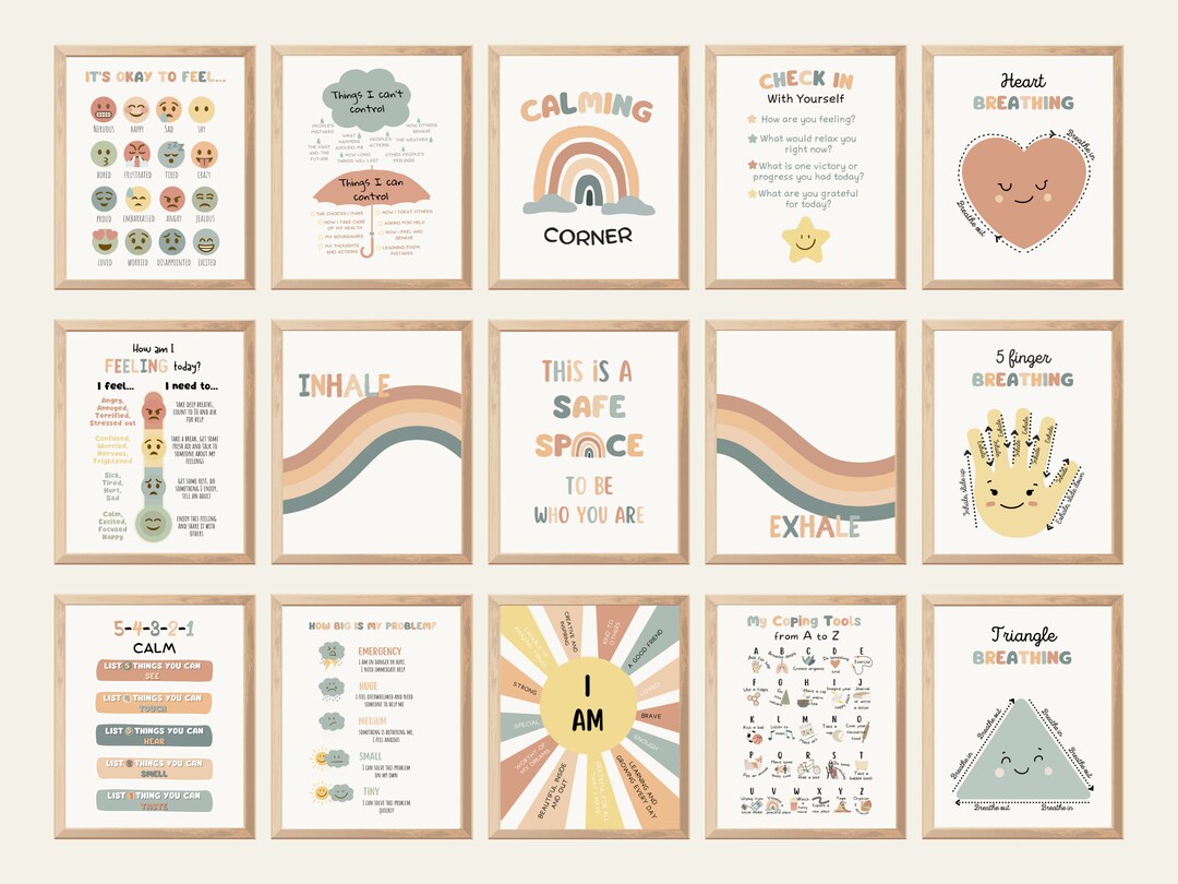 Set of 16 Soft Boho Calming Corner Posters, Coping Techniques Wall Art ...