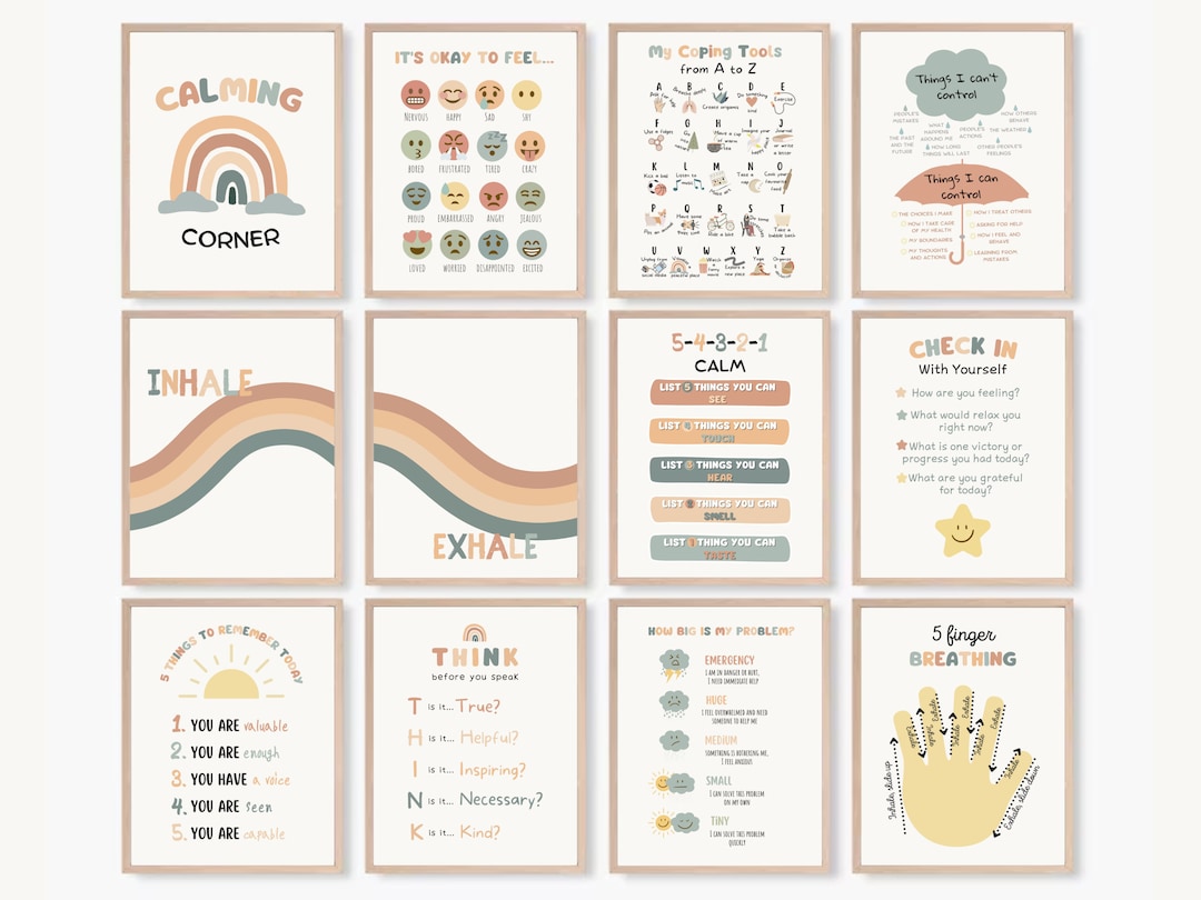 Set of 12 Soft Boho Calming Corner Posters, Coping Techniques Wall Art ...