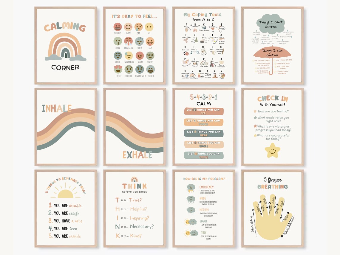 Set of 12 Soft Boho Calming Corner Posters, Coping Techniques Wall Art ...