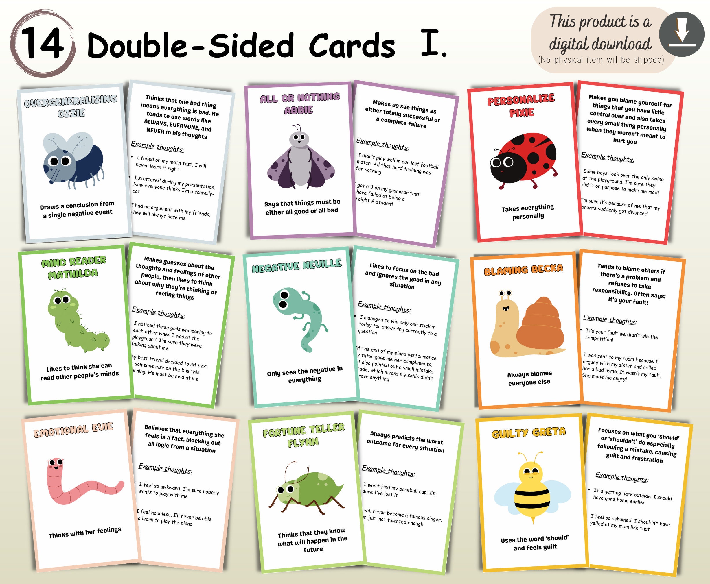 14 Thought Bug Flashcards for Kids, Automatic Negative Thoughts ...