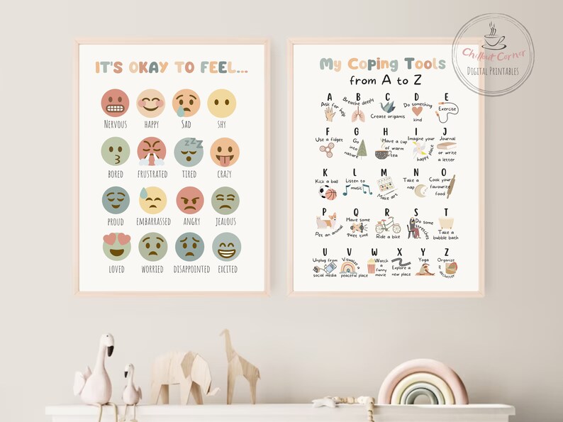 Set of 12 Soft Boho Calming Corner Posters, Coping Techniques Wall Art ...