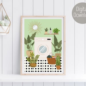 Botanical Laundry Print, Boho Laundry Wall Art, Tiled Floor Bathroom ...