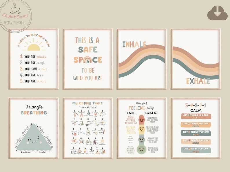 Set of 16 Soft Boho Calming Corner Posters, Coping Techniques Wall Art ...