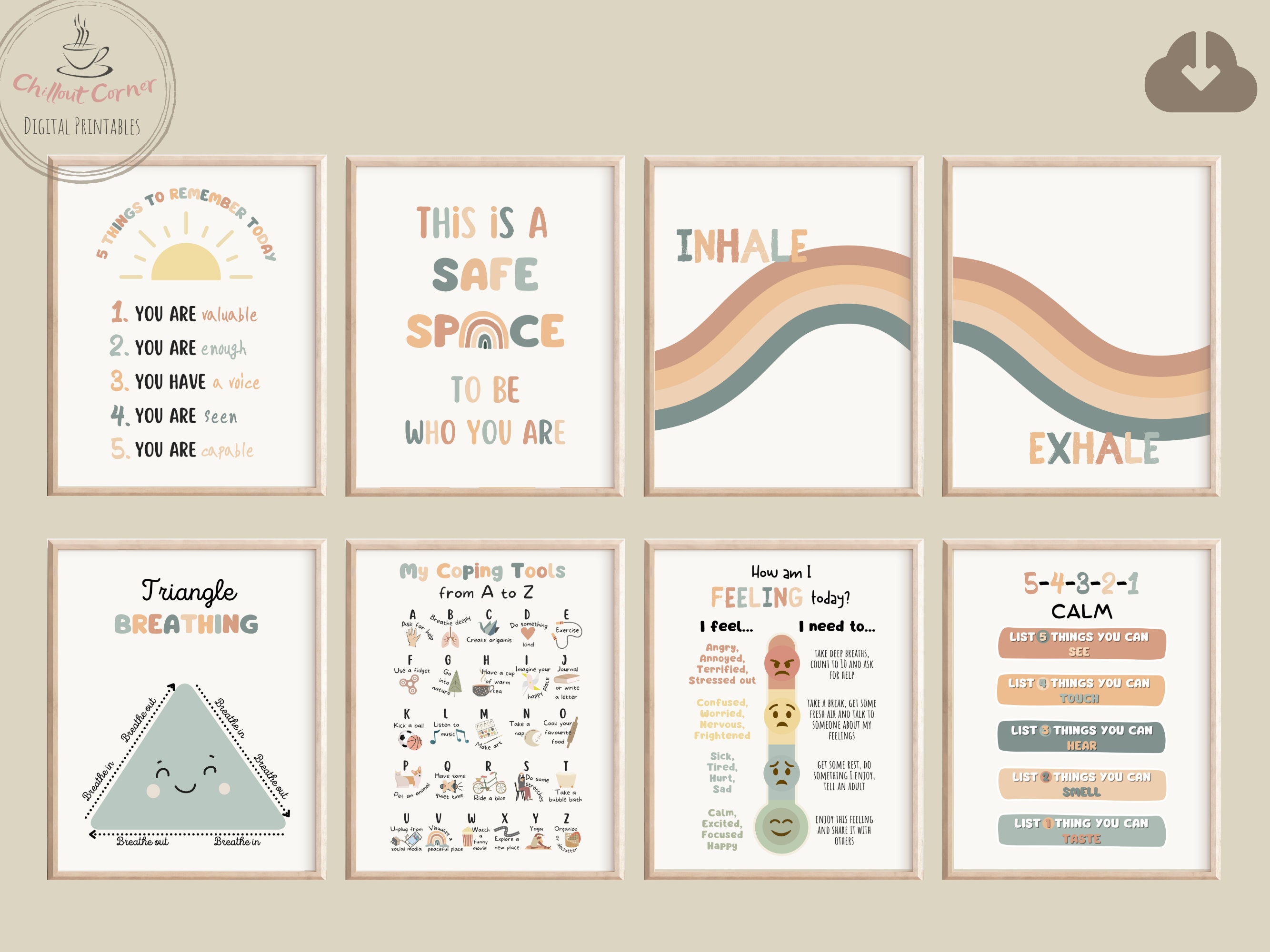 Set of 16 Soft Boho Calming Corner Posters, Coping Techniques Wall Art ...