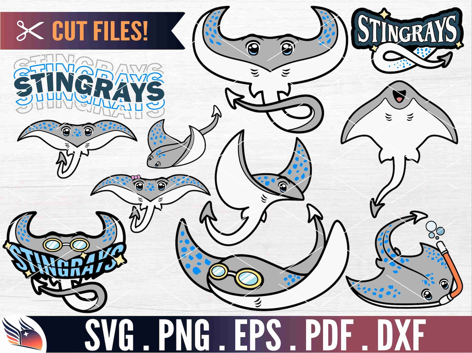 Cute Sting Ray Clipart SVG, Stingray PNG Bundle, Kawaii Ocean Animal ...