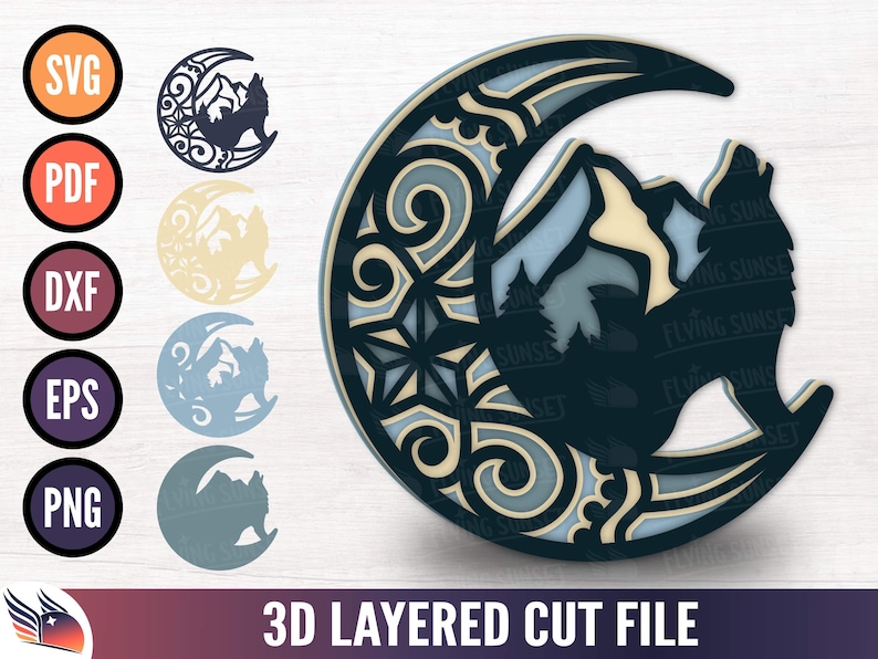 Wolf on Moon 3D Layered SVG, Howling Wolf Cut File (pdf, Dxf, Eps, Png ...