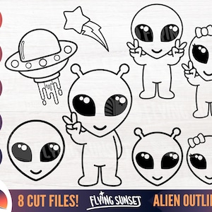 Cute Alien Outline SVG, Alien Face Decal, Kawaii Clipart Bundle, Outer ...