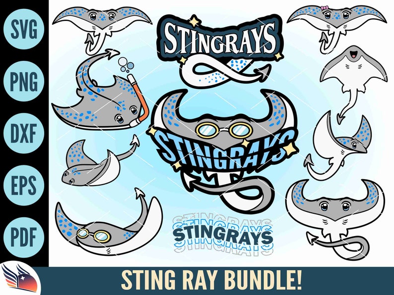 Cute Sting Ray Clipart SVG, Stingray PNG Bundle, Kawaii Ocean Animal ...