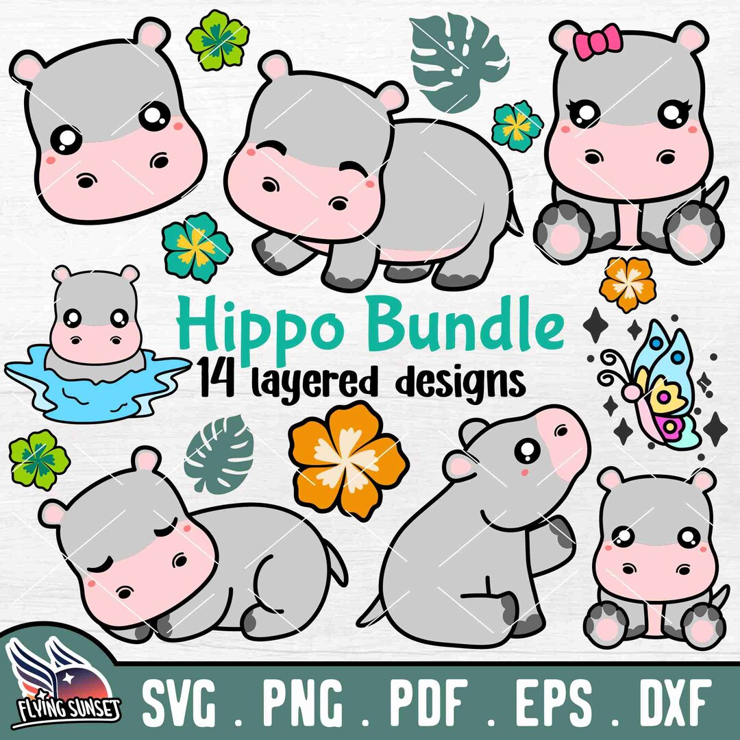 Cute Hippo SVG, Baby Hippopotamus Clipart, Kawaii Cricut Cut File ...