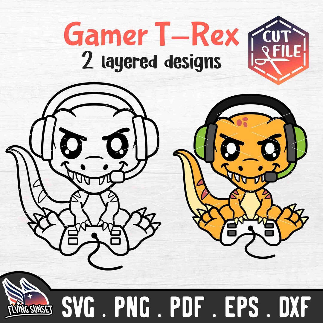 Gamer T-rex SVG Outline, Gaming Dinosaur Clipart, Video Game Streamer ...