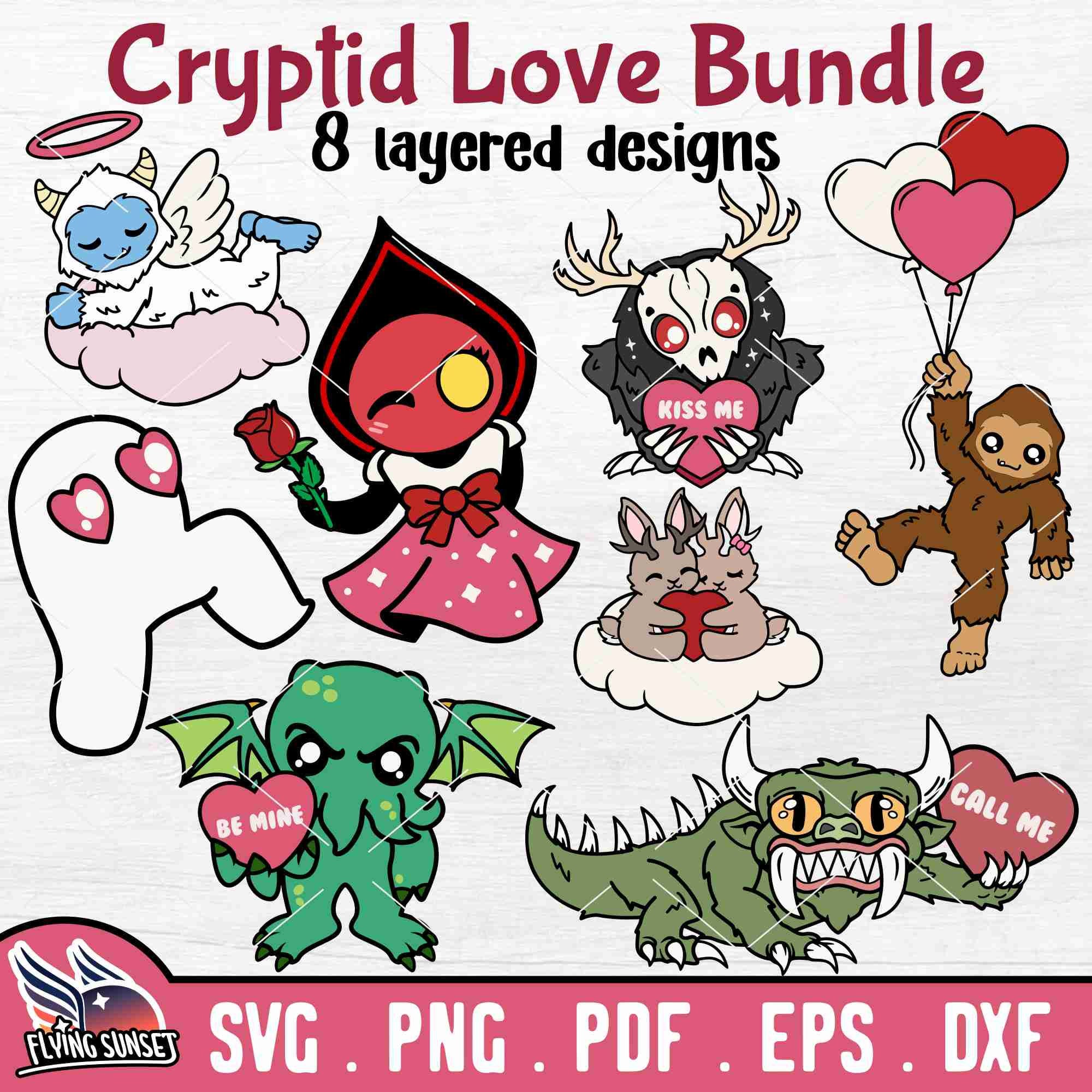 Love Cryptids SVG Bundle, Valentines Day Cryptid Clipart, Bigfoot Yeti ...