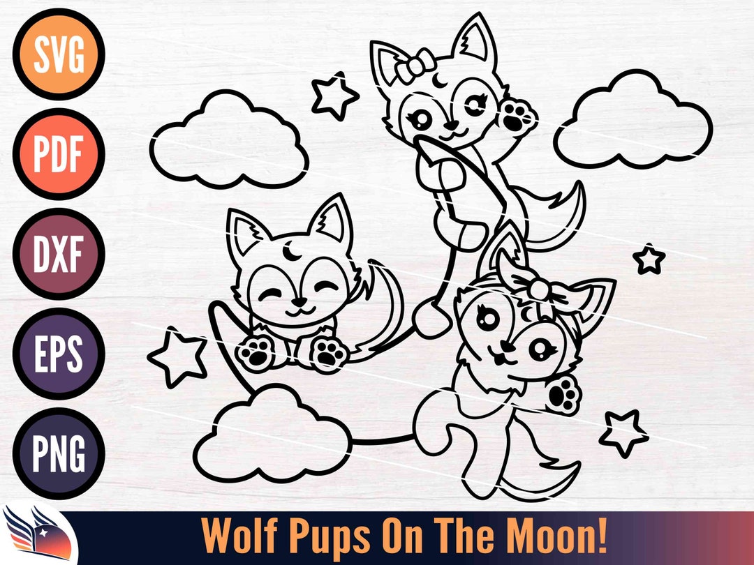 Wolf Trio on the Moon SVG Outline, Cute Wolf Clipart, Animal Vinyl ...