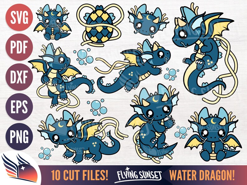Water Dragon SVG, Baby Dragon Clipart PNG, Kawaii Dragon Bundle ...