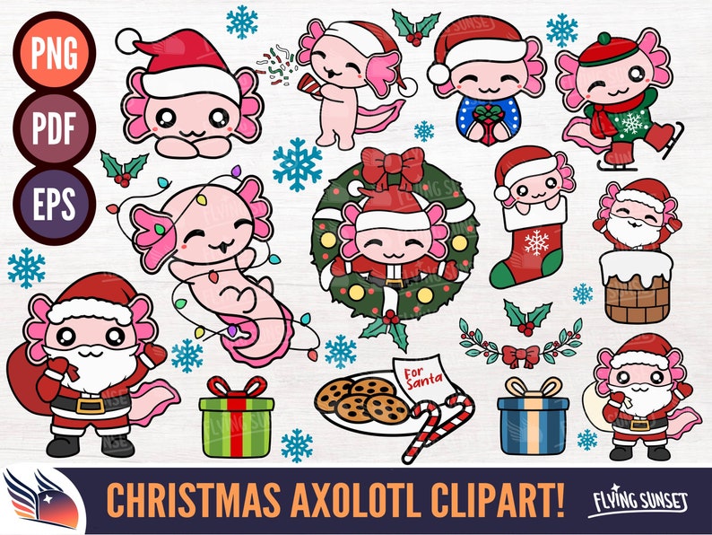 Christmas Axolotl Clipart Kawaii Axolotl Png Cute Snowflake Etsy