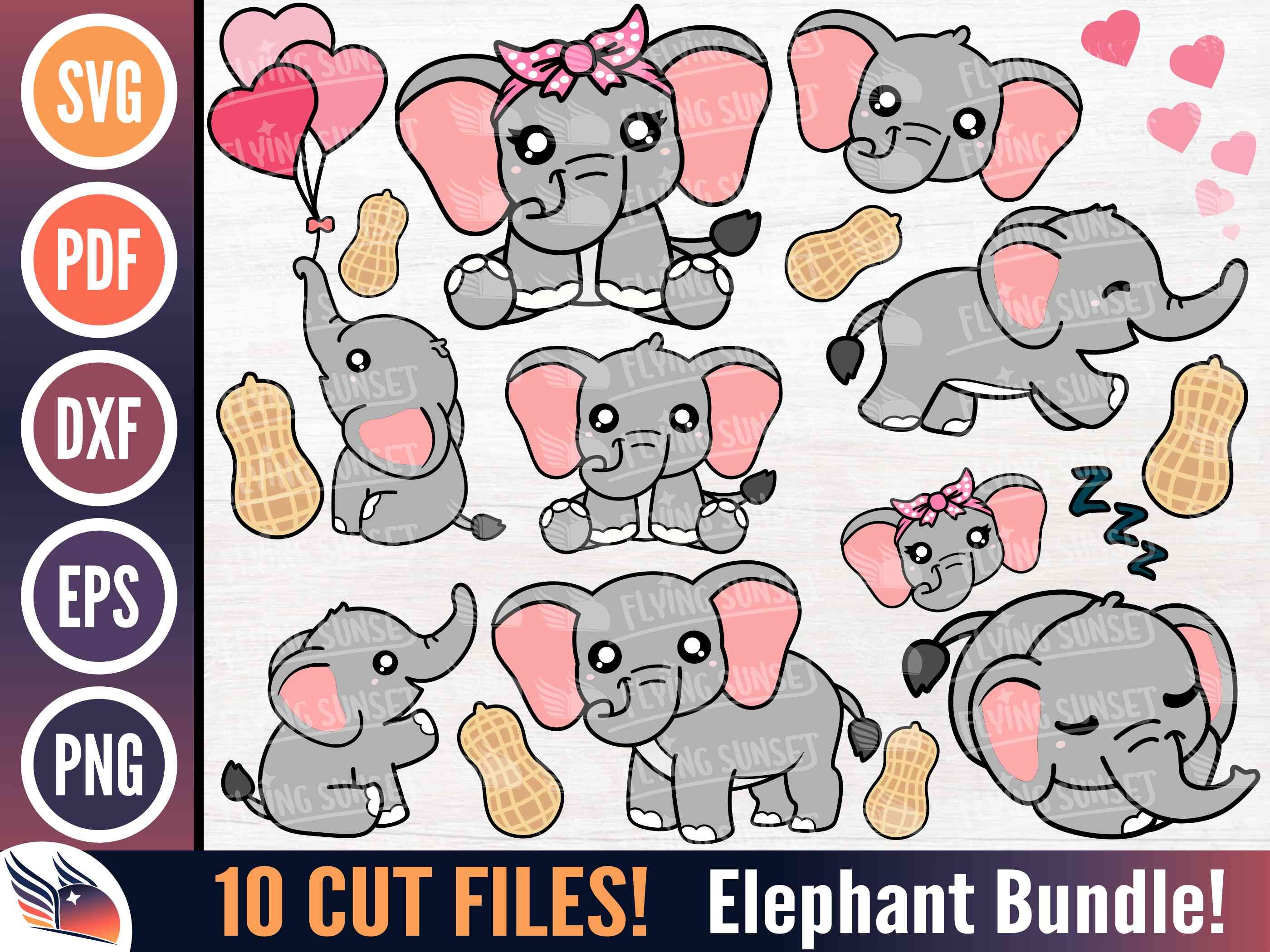Cute Elephant Cut Files, Baby Elephant SVG, Kawaii Jungle Animal ...