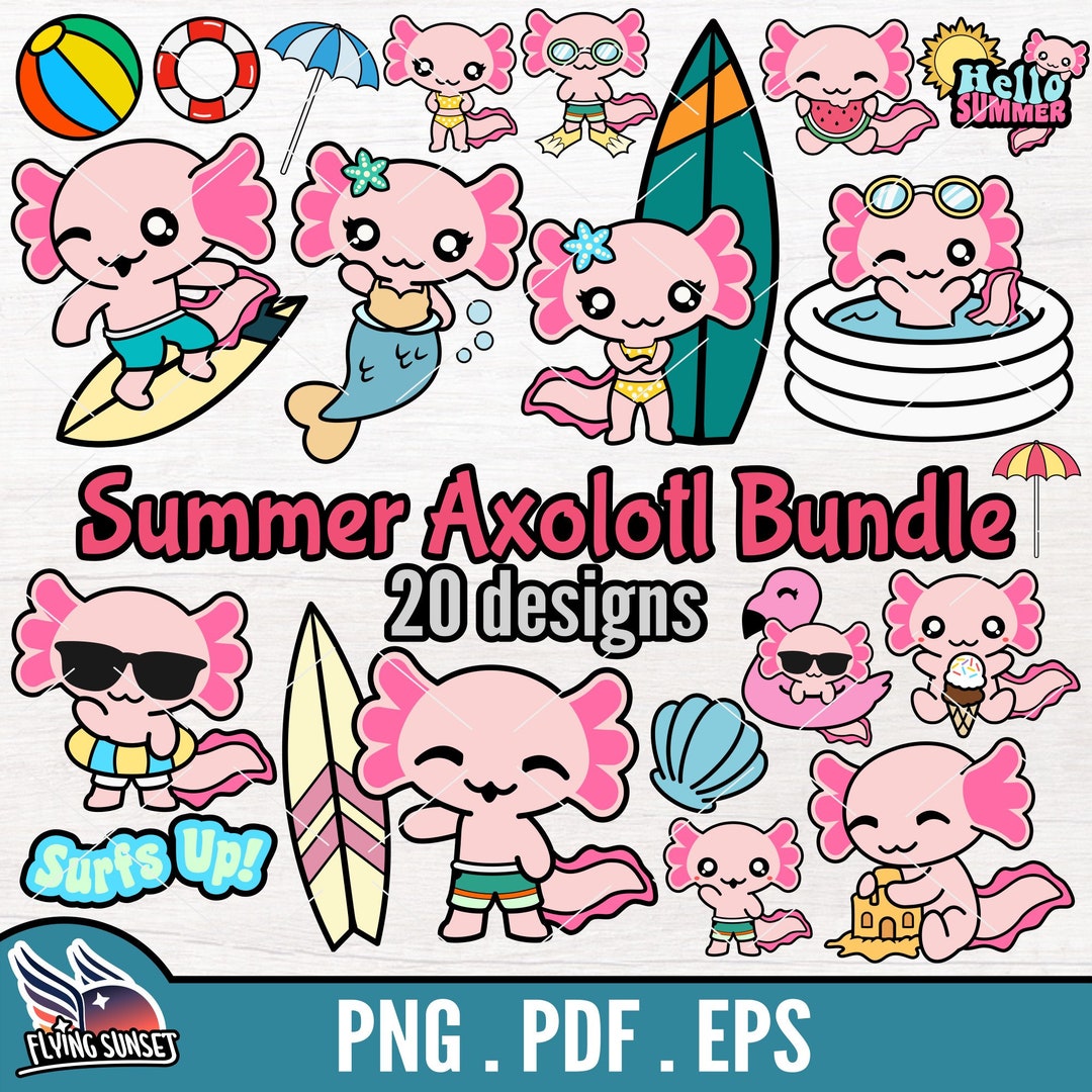 Summer Axolotl Clipart Bundle, Cute Axolotl Beach Party PNG, Funny ...