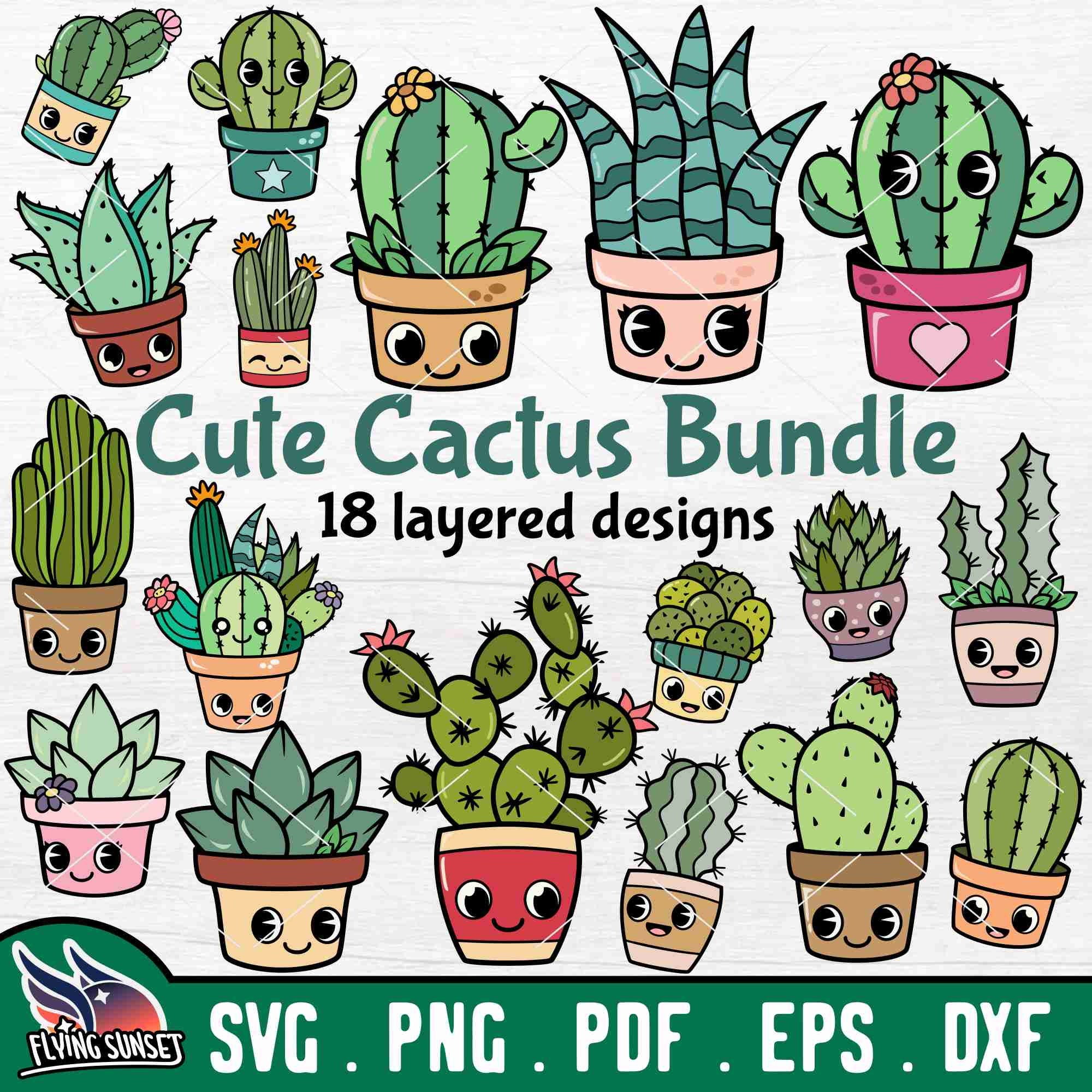 Cute Cactus SVG Clipart, Cacti PNG Bundle, Kawaii Cactus Cut Files ...