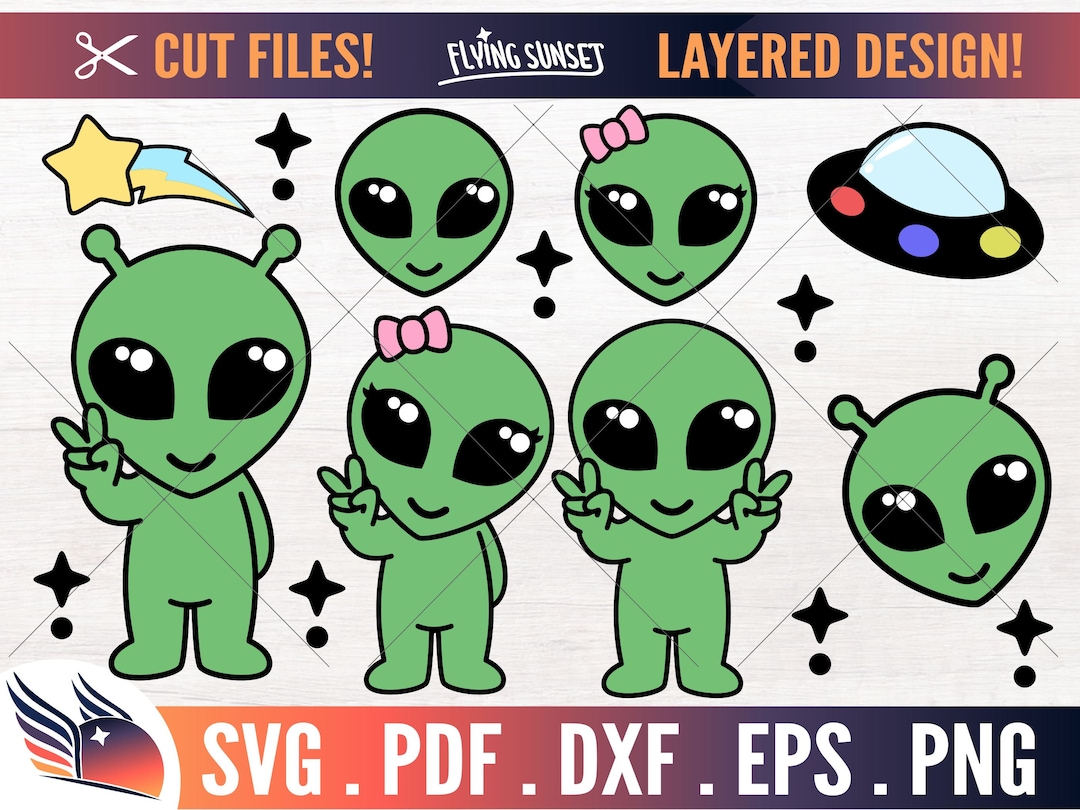 Cute Alien SVG, Alien Face Svg, Kawaii Alien Clipart Bundle, Outer ...
