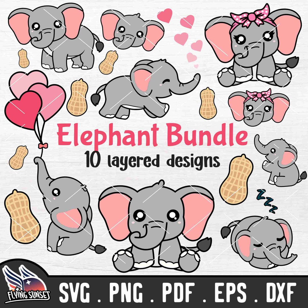 Cute Elephant Cut Files, Baby Elephant SVG, Kawaii Jungle Animal ...