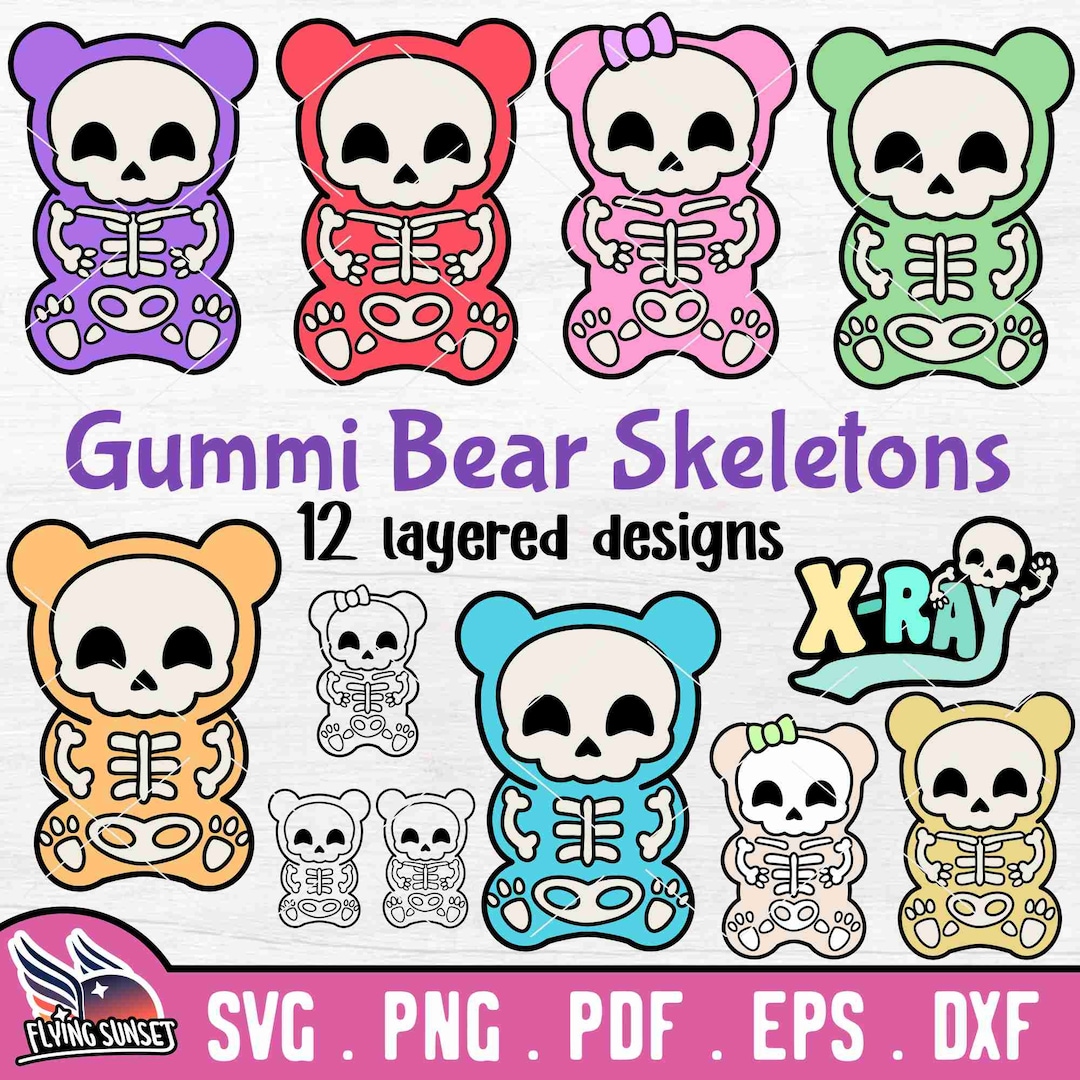 Gummi Bear Skeleton SVG Clipart, Cute Xray Outline PNG, Kawaii Gummy ...