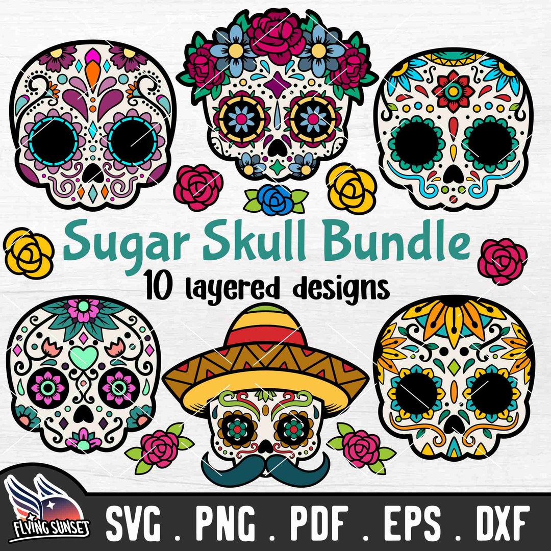Cute Sugar Skull SVG Bundle, Layered Calavera Clipart for Cricut ...