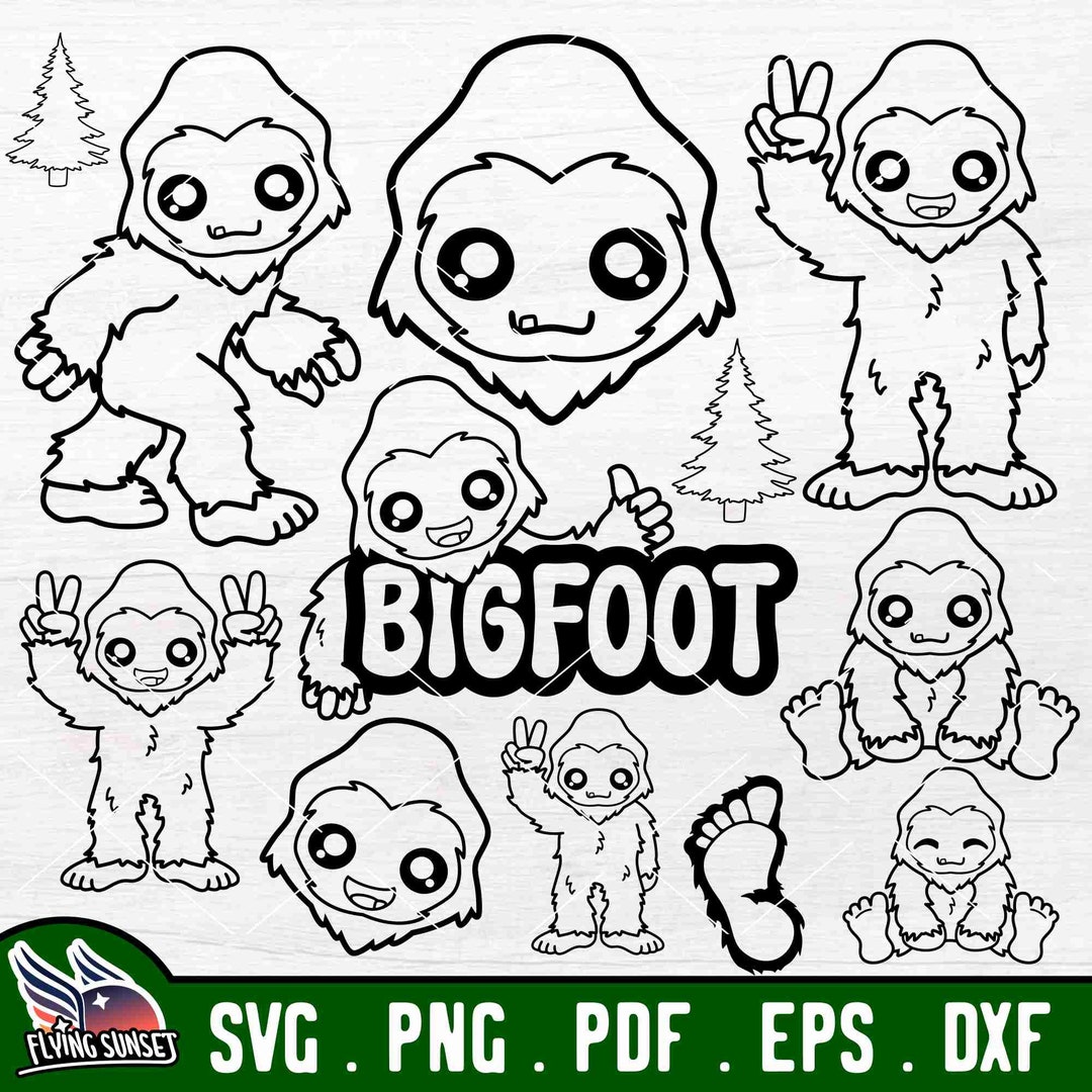 Bigfoot Outline SVG Bundle, Baby Bigfoot Coloring Page Download, Kawaii ...