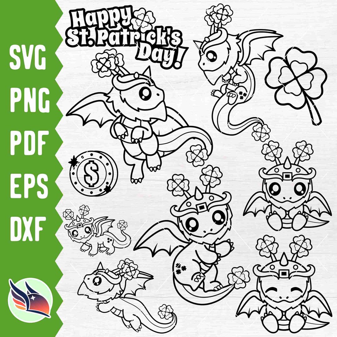 St. Patrick's Day Dragon Outline SVG, Cute Clover Dragon PNG, Good Luck ...
