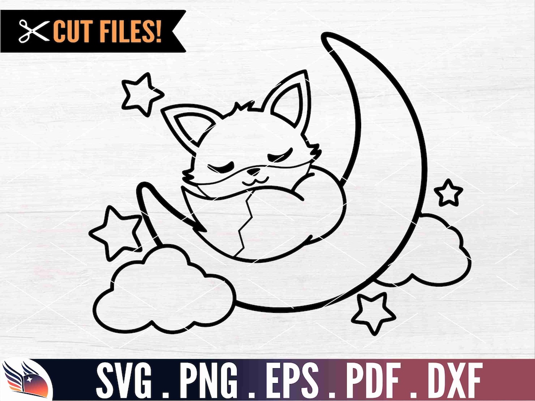 Fox Moon Outline SVG, Cute Sleeping Clipart, Baby Fox Pup PNG, Fox ...