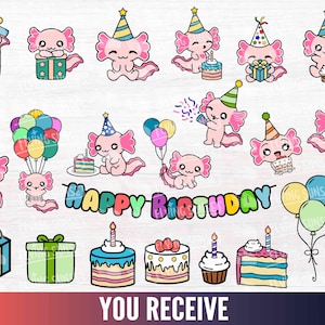 Birthday Axolotl Clipart, Cute Axolotl PNG, Happy Birthday Cake Cupcake ...