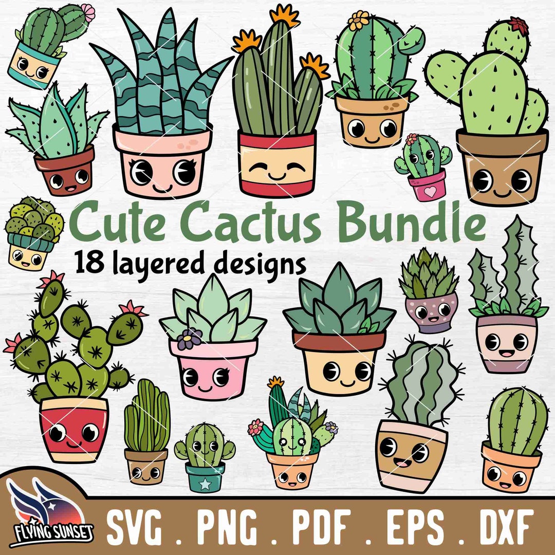 Cute Cactus SVG Clipart, Cacti PNG Bundle, Kawaii Cactus Cut Files ...