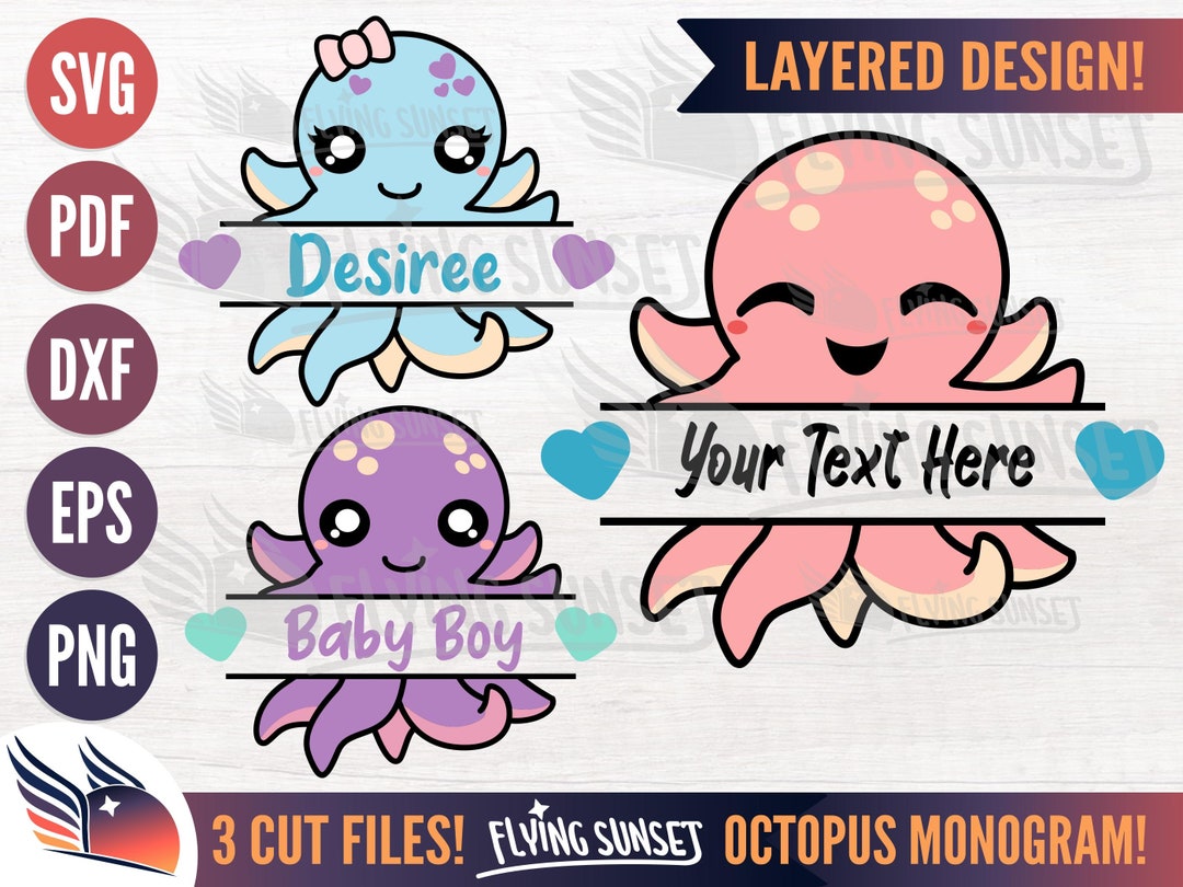 Cute Octopus Monogram SVG, Baby Octopus Svg, Kawaii Ocean Clipart ...
