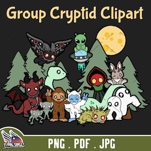 Cryptid Group Clipart, Bigfoot and Friends, Jersey Devil, Mothman Iron ...