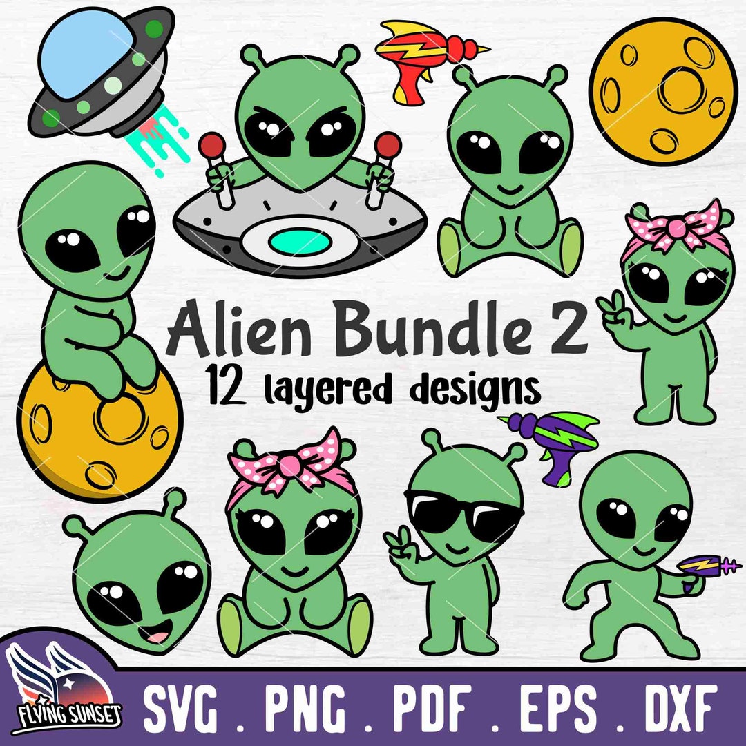 Cute Alien SVG PNG, Alien Face Clipart, Kawaii Cricut Cut File Bundle ...