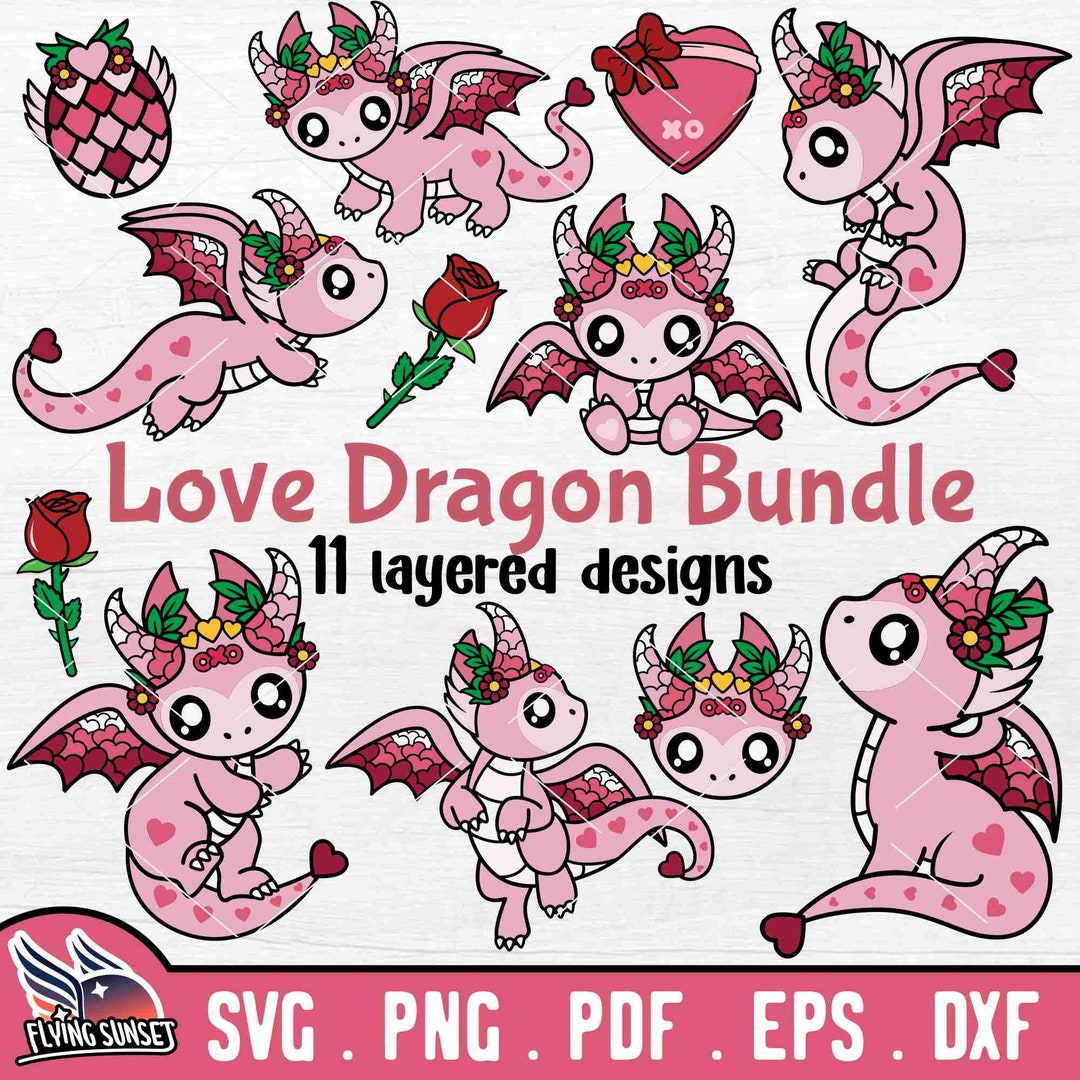 Love Dragon SVG Bundle, Cute Dragon Clipart PNG, Heart Dragon Cricut ...