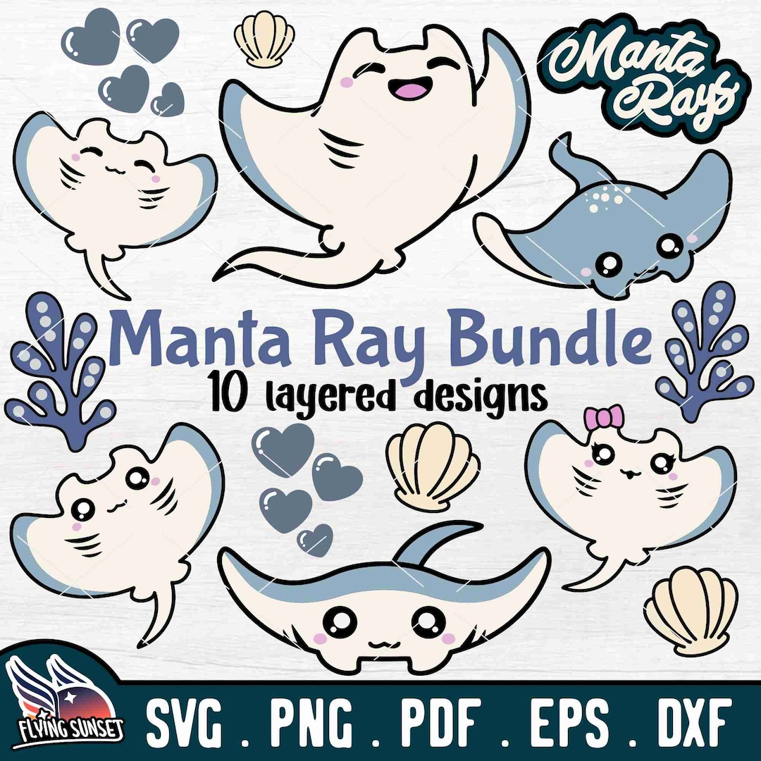 Cute Manta Ray SVG PNG, Manta Ray Clipart Bundle, Kawaii Ocean Animal ...