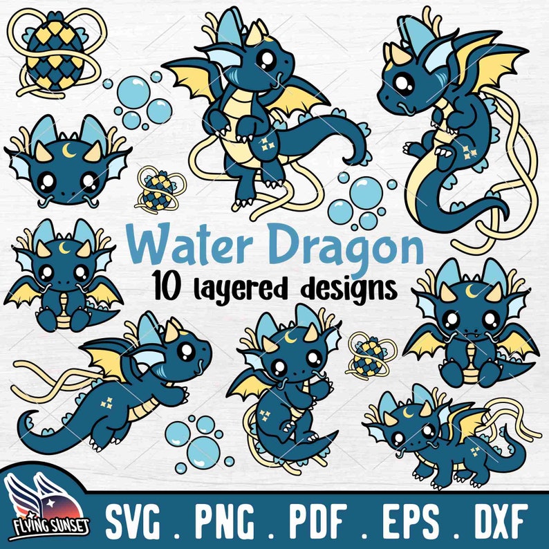 Water Dragon SVG, Baby Dragon Clipart PNG, Kawaii Dragon Bundle ...