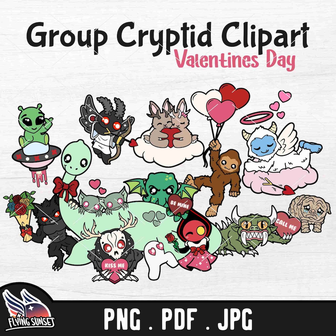 Cryptid Valentine Clipart, Bigfoot, Wendigo, Jersey Devil, Mothman ...