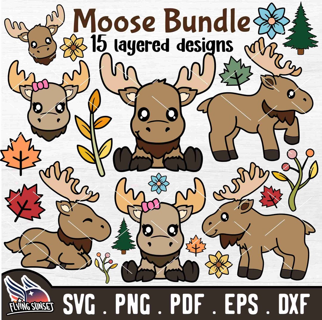 Cute Moose SVG, Baby Moose Svg, Moose Clipart, Kawaii Moose Bundle ...