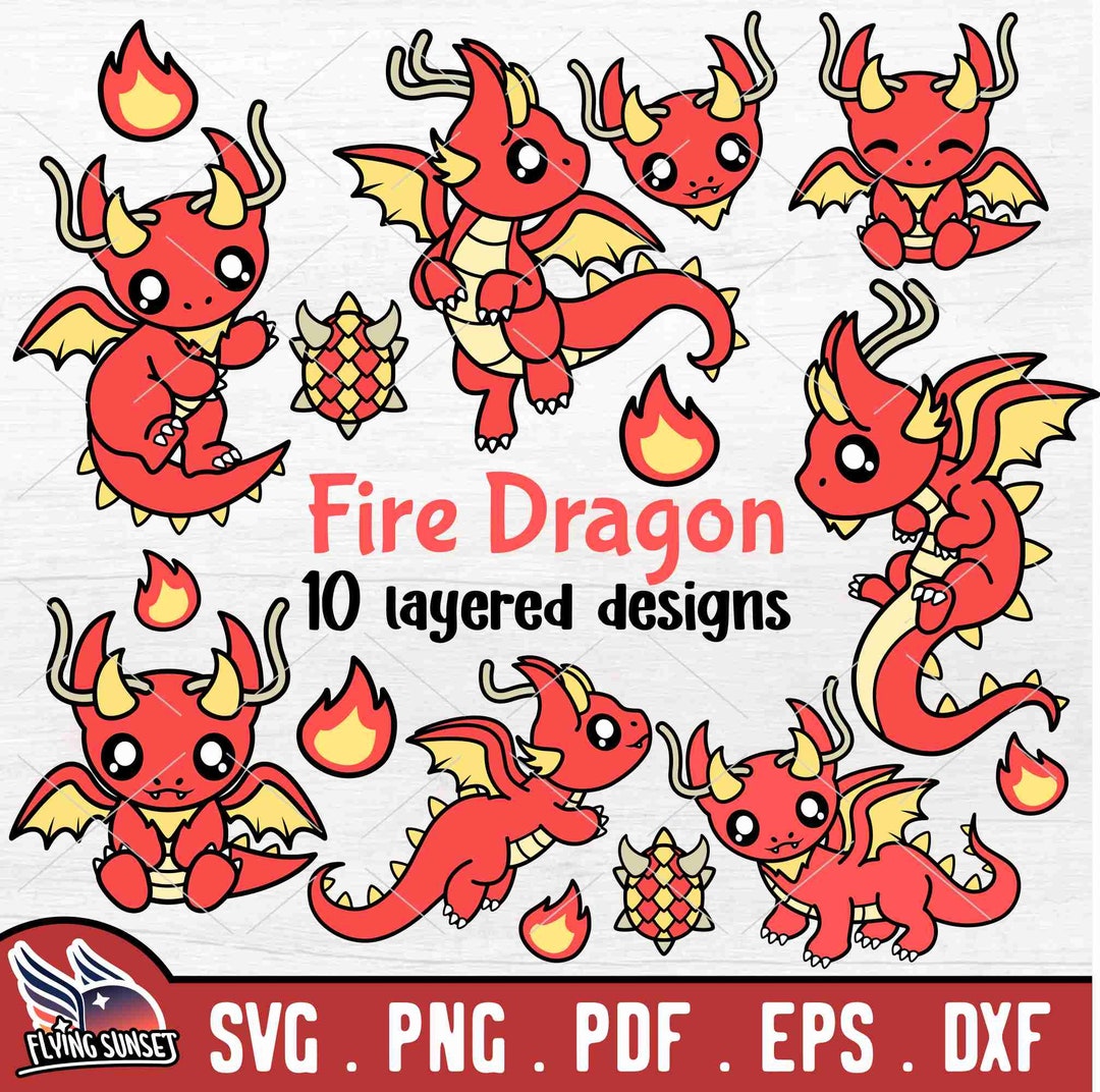 Cute Fire Dragon SVG, Baby Dragon Clipart PNG, Kawaii Dragon Bundle ...