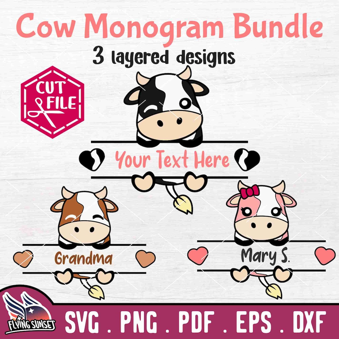 Cow Monogram SVG Bundle, Split Name Decal, Baby Cow Clipart, Cow Face ...