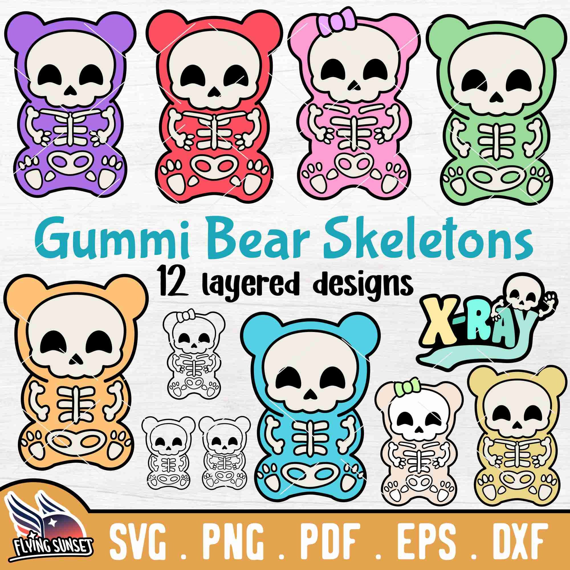 Gummi Bear Skeleton SVG Clipart, Cute Xray Outline PNG, Kawaii Gummy ...