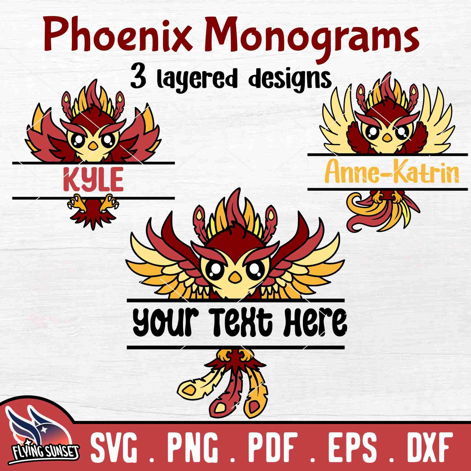 Cute Phoenix Monogram SVG PNG, Phoenix Bird Name Tag Custom, Firebird ...