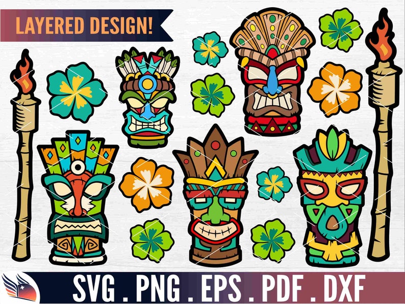 Tiki Mask SVG Bundle, Totem Pole Face Layered, Hawaiian Idol Clipart ...