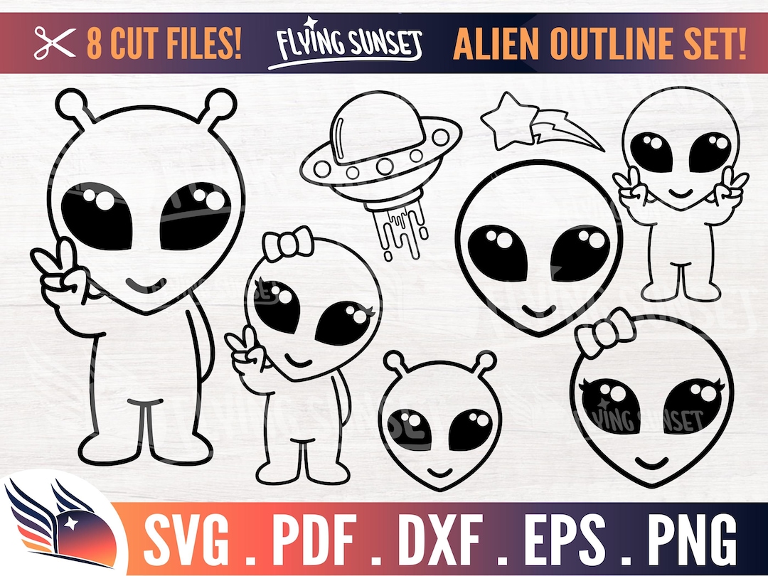 Cute Alien Outline SVG, Alien Face Decal, Kawaii Clipart Bundle, Outer ...